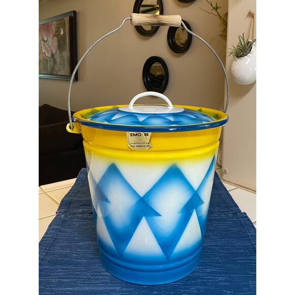 Accents | Vintage Blue Yellow Pattern Enamel Bucket W Lid Made In ...